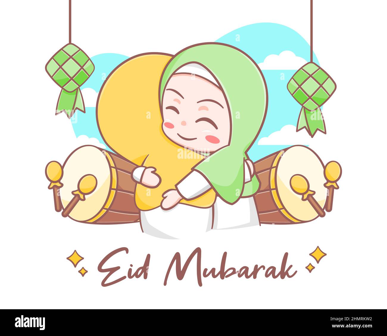 Eid mubarak greeting card with cute muslim girls cartoon illustration ...