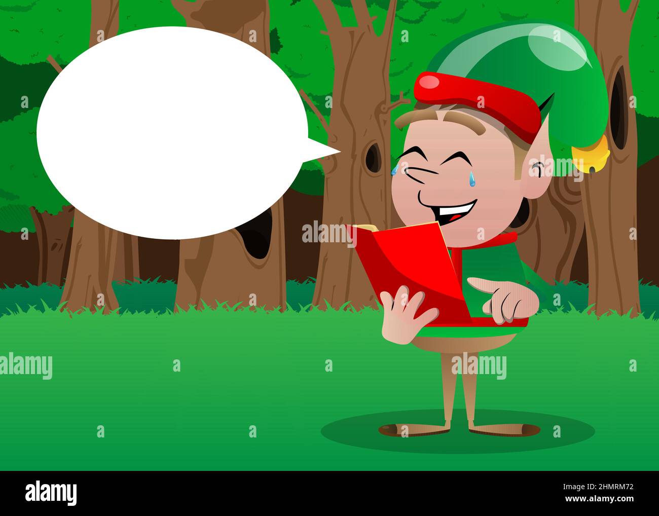 Christmas Elf reading and pointing at an opened book. Vector cartoon ...