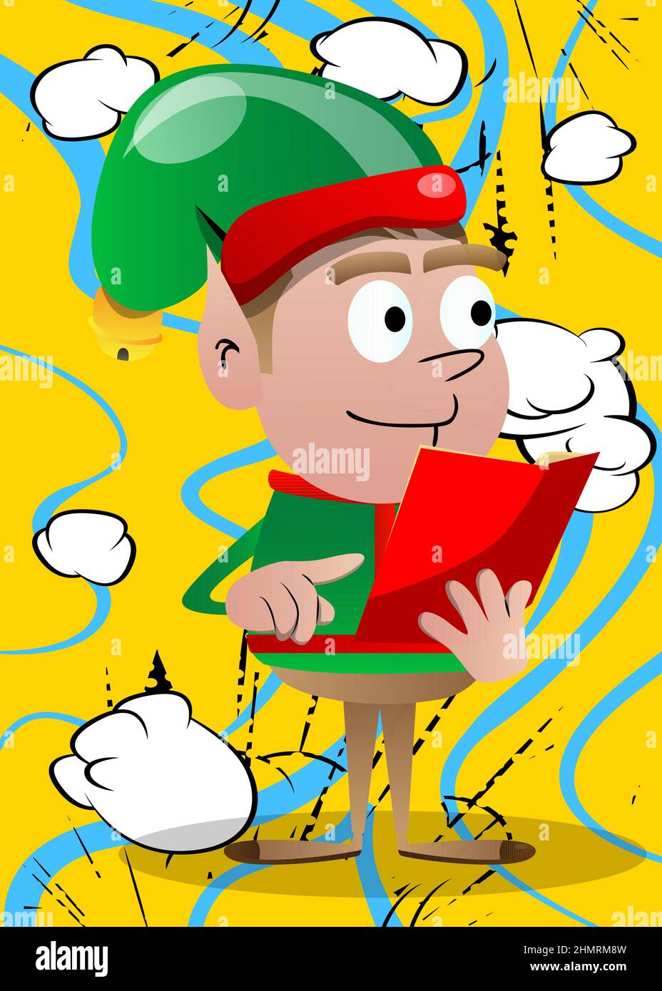Christmas Elf reading and pointing at an opened book. Vector cartoon ...