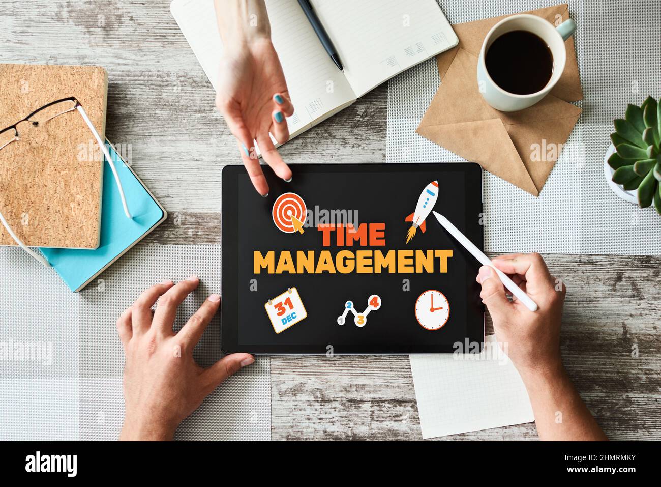 Time management text and icons on screen. Business and personal growth ...