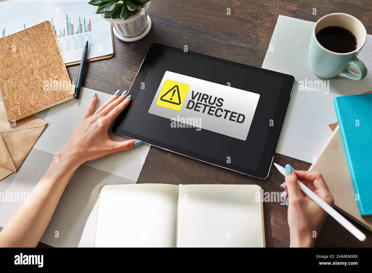 Virus Detected warning message on screen. Cyber security breach. Data ...