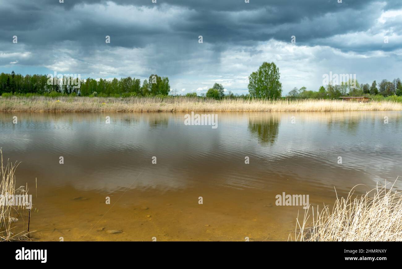 nice calm scene of beautiful sky with cumulus clouds reflection on the ...