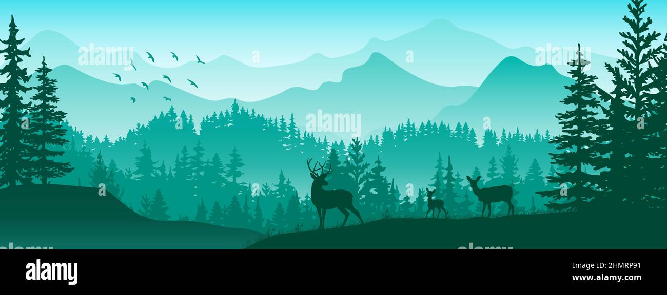 Horizontal banner. Silhouette of deer, doe, fawn standing on meadow ...