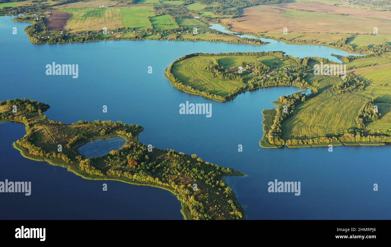 4K Blue Water Of Lake River And Green Countryside Landscape With ...