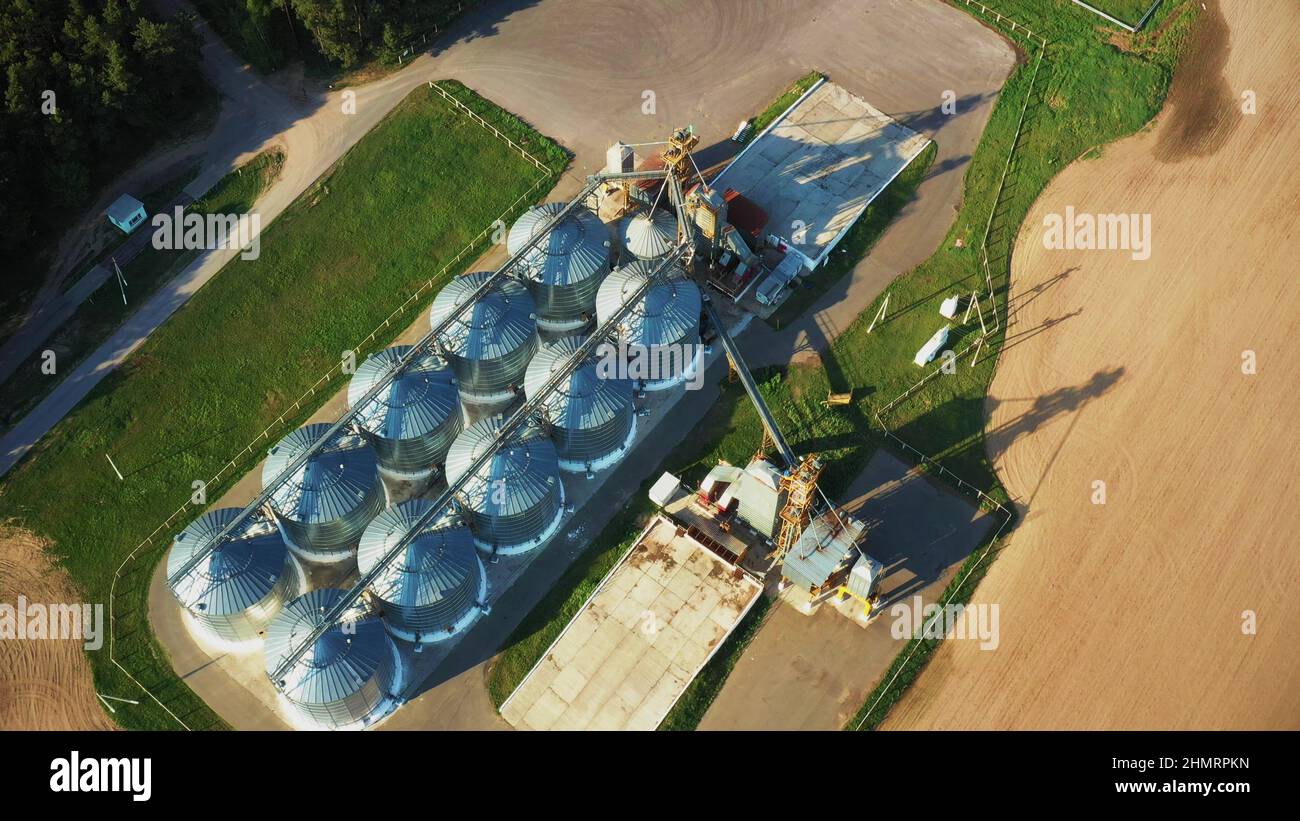 4K Aerial Elevated Top View Modern Granary, Grain-drying Complex ...