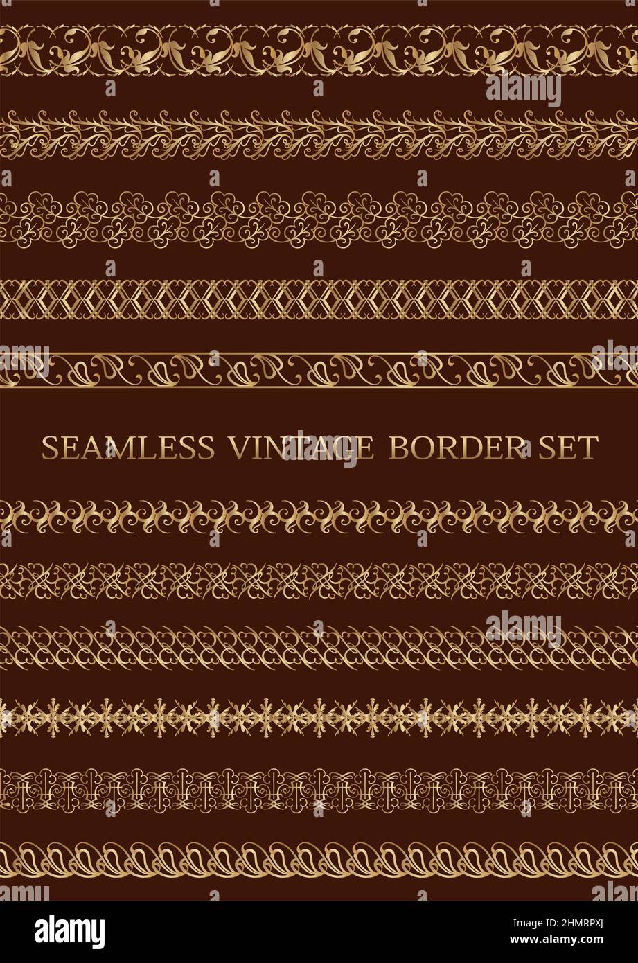 Seamless gold vintage borders set isolated on a dark background. Vector ...