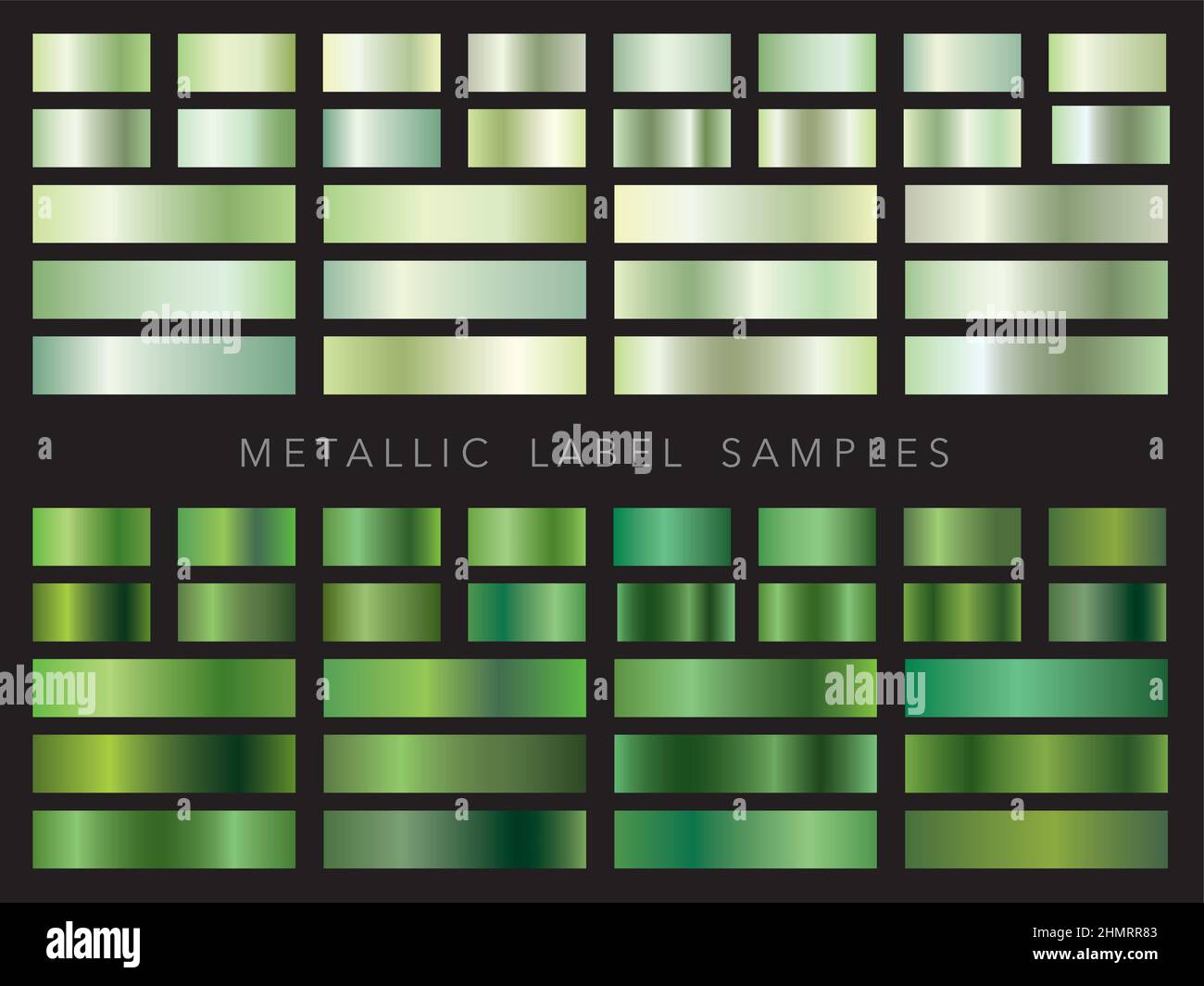 Metallic green label samples and swatches set isolated on a dark ...