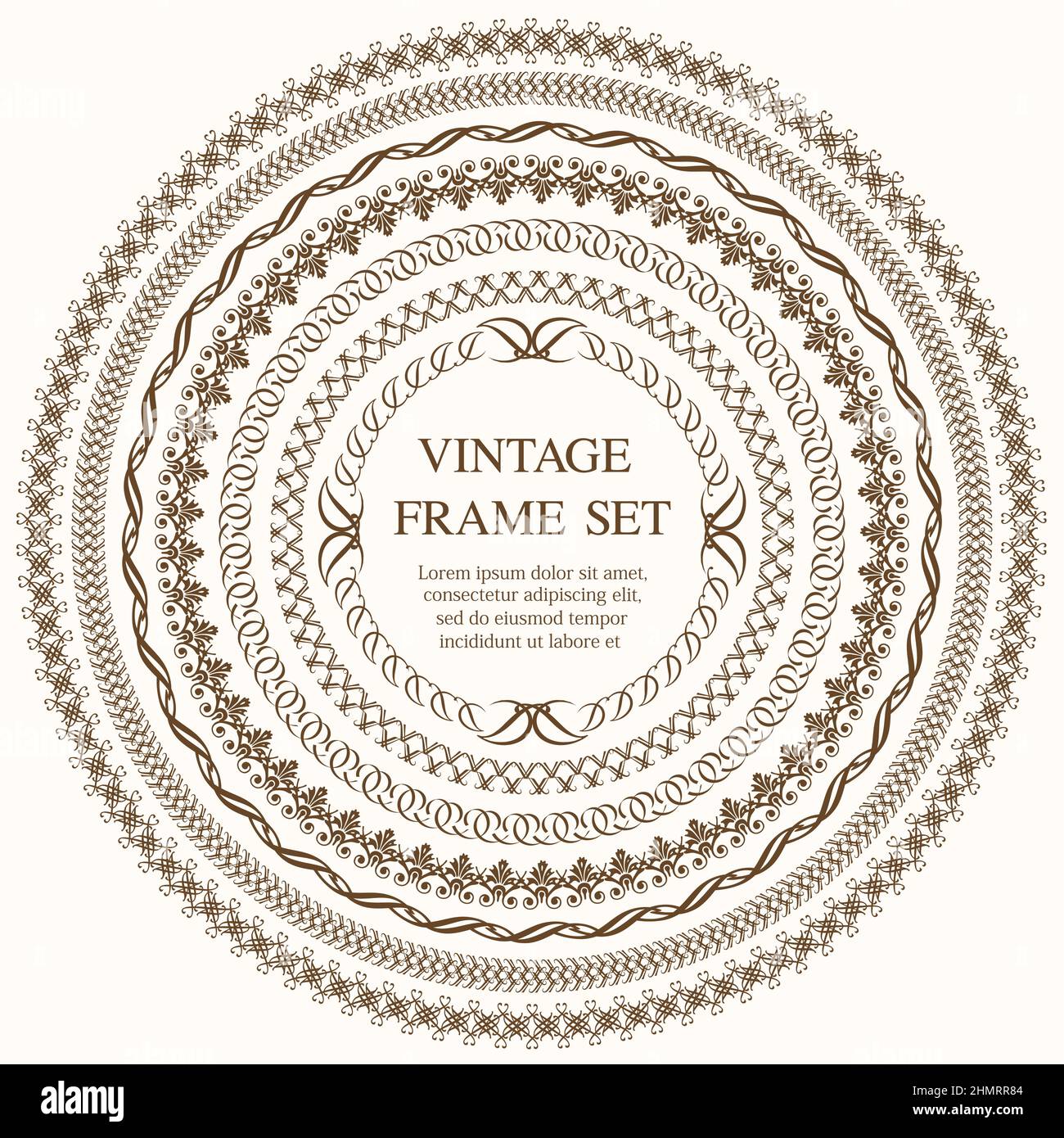Seven Round Vintage Frames Set Isolated On A Plain Background. Vector ...