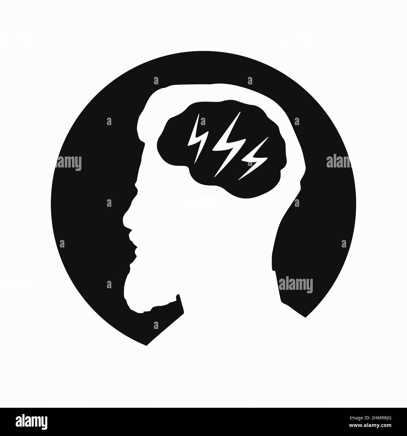 Migraine linear icon. Human head with lightning bolt. Thunderclap head ...