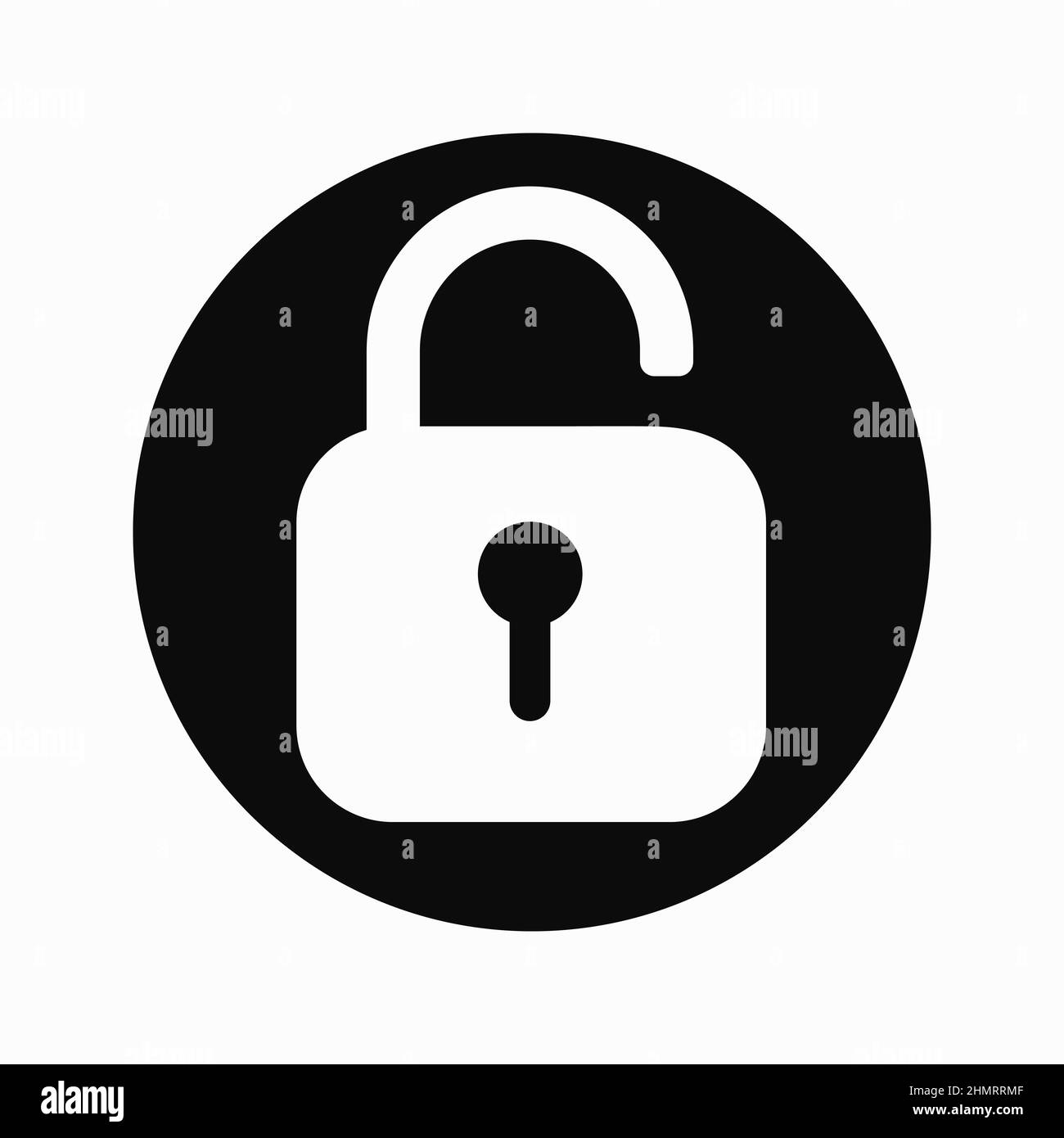 White opened padlock in black circle icon design on isolated white ...
