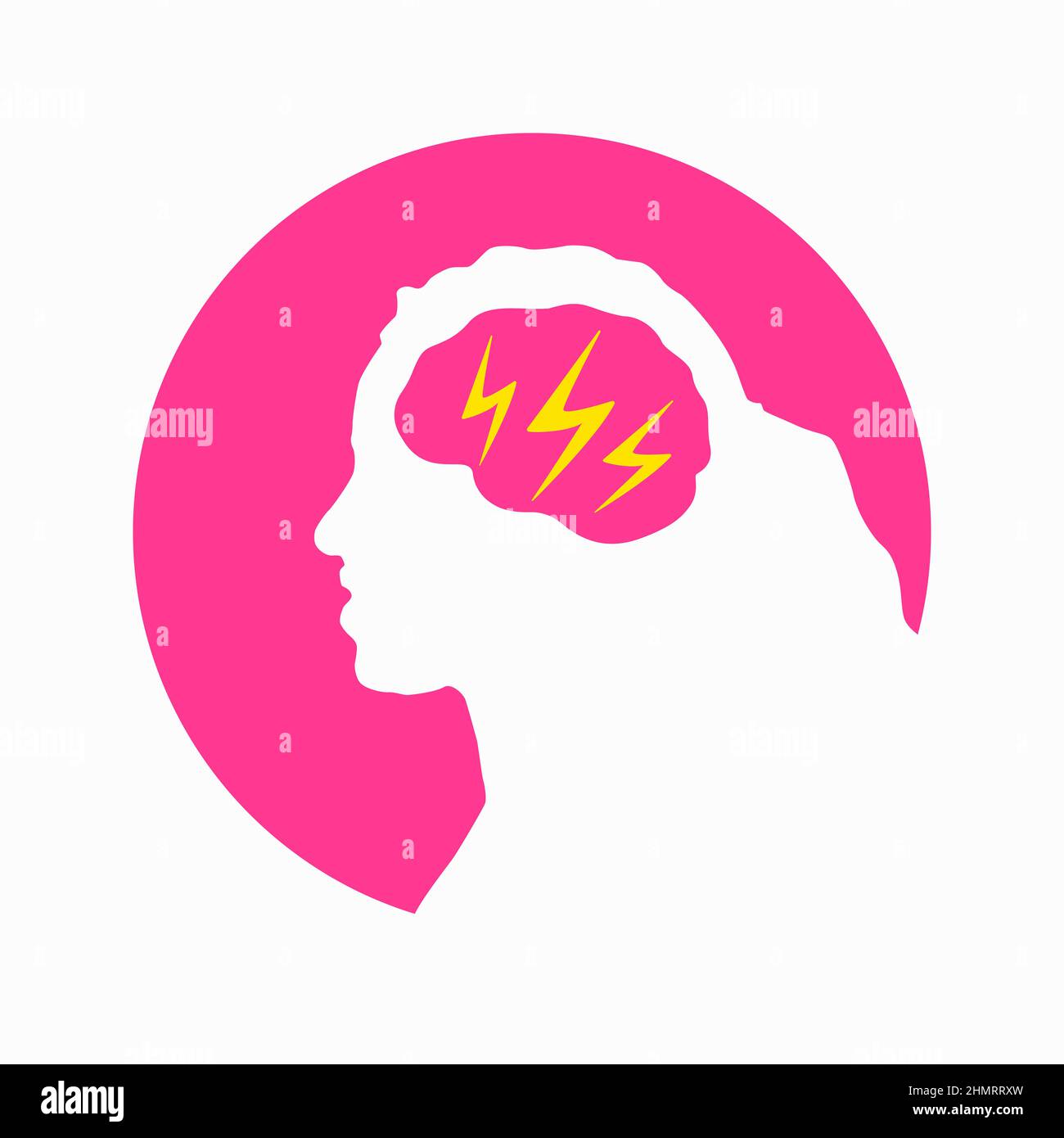 Migraine linear icon. Woman head with lightning bolt. Thunderclap head ...