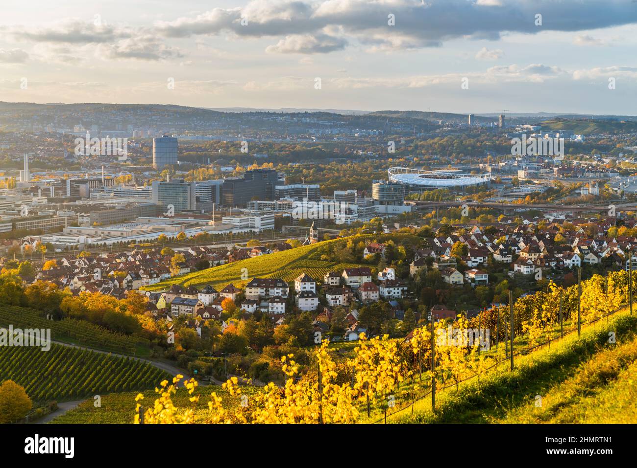 Germany, Stuttgart city skyline panorama landscape view above industry, houses, streets, arena ...