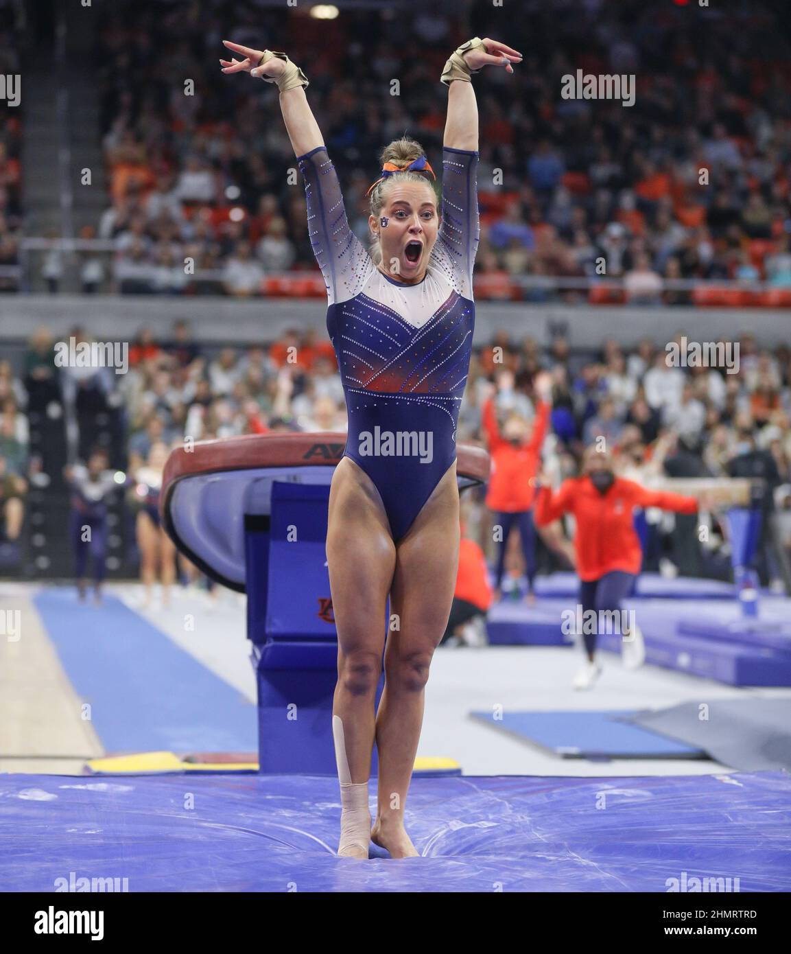 Auburn, AL, USA. 11th Feb, 2022. Auburn's Drew Watson is happy with her vault landing during the ...