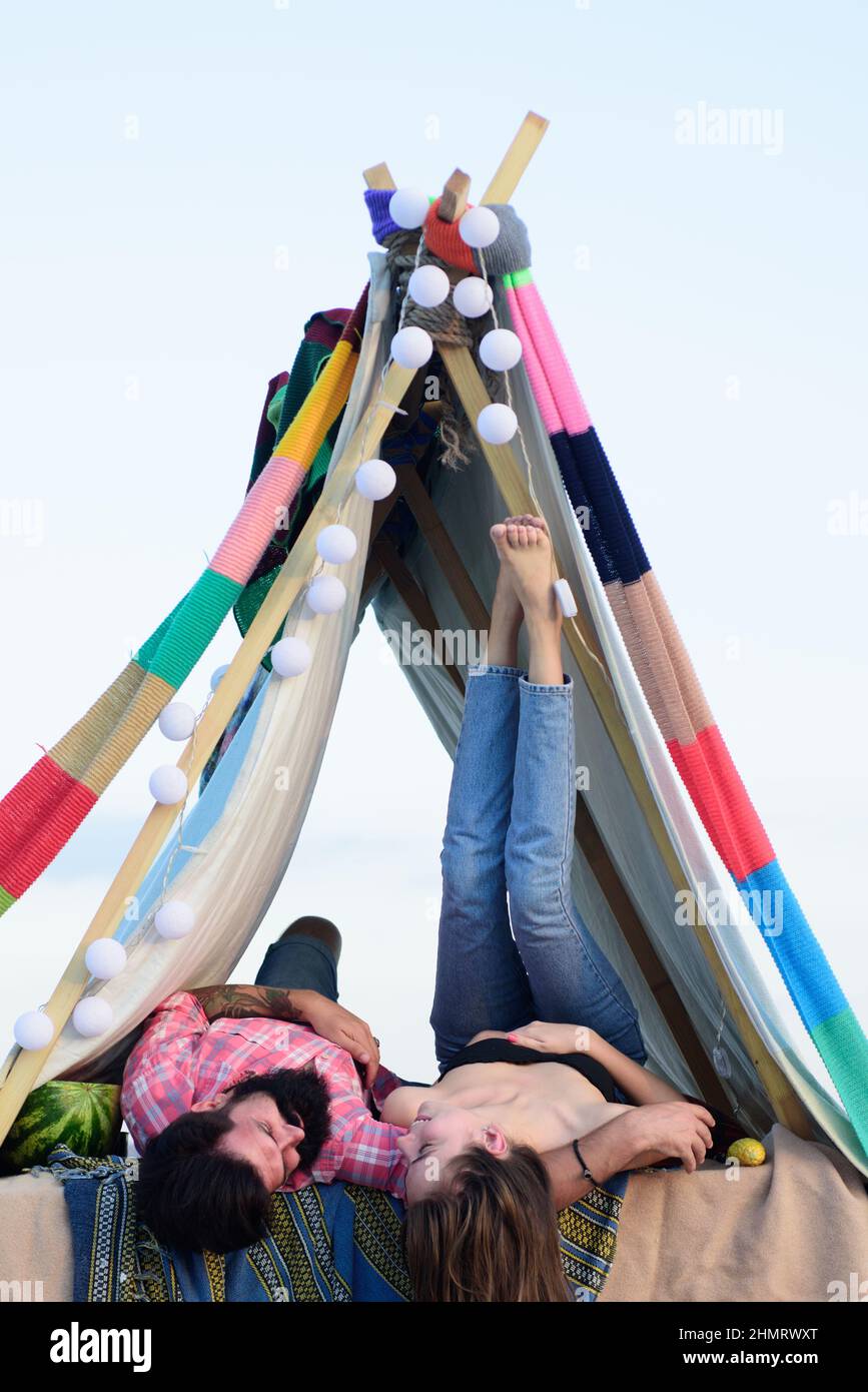 Couple In Love On Camping In Tent Young Coupl At Countryside Camping Couple In Love Relax In