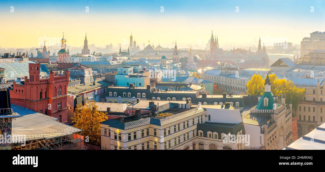 Panorama from above of evening Moscow, Moscow Kremlin and temples of ...