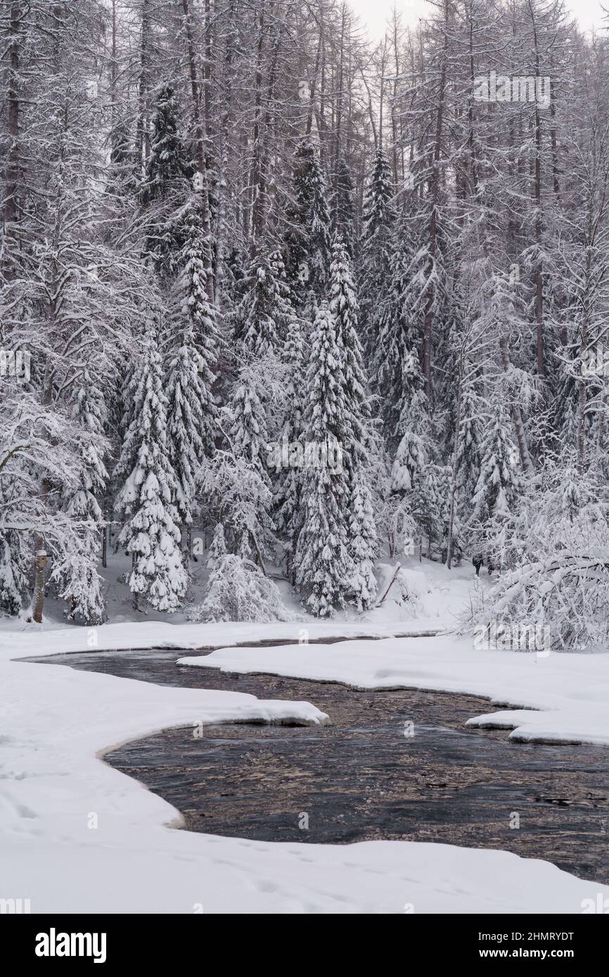 Running raging river with melted mountain water washing icy shores of ...