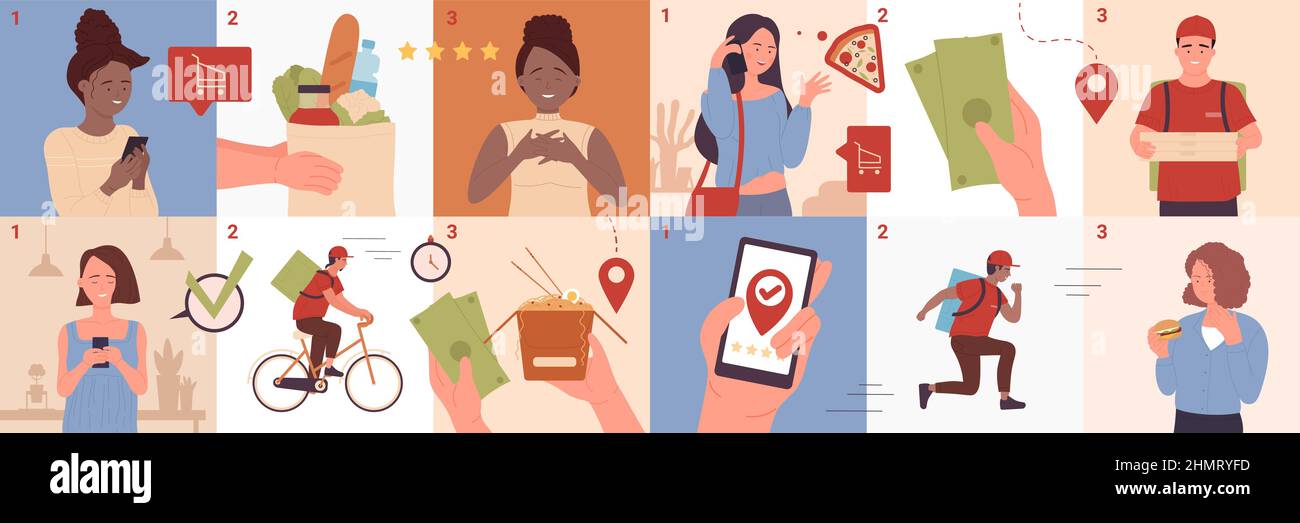 Delivery steps of online order service vector illustration set. Cartoon ...