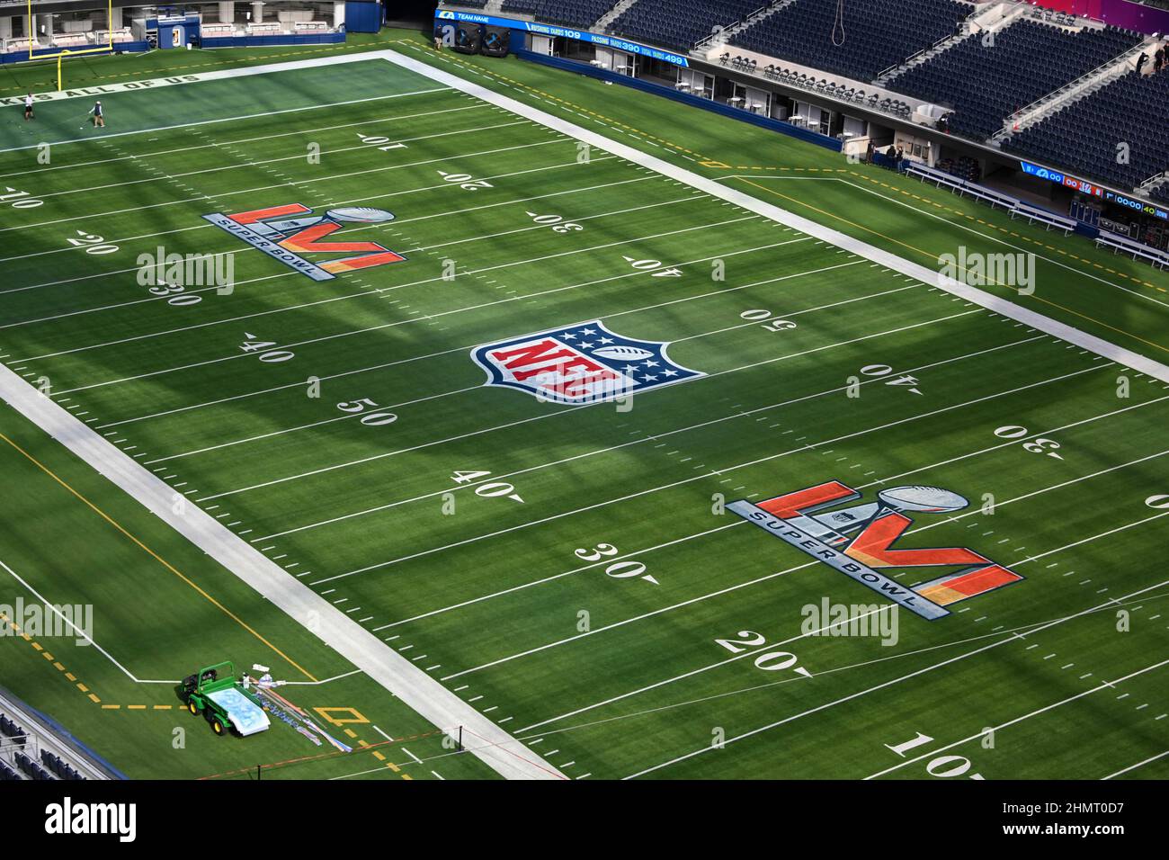 General overall view of the NFL and Super Bowl LVI logos on the field ...
