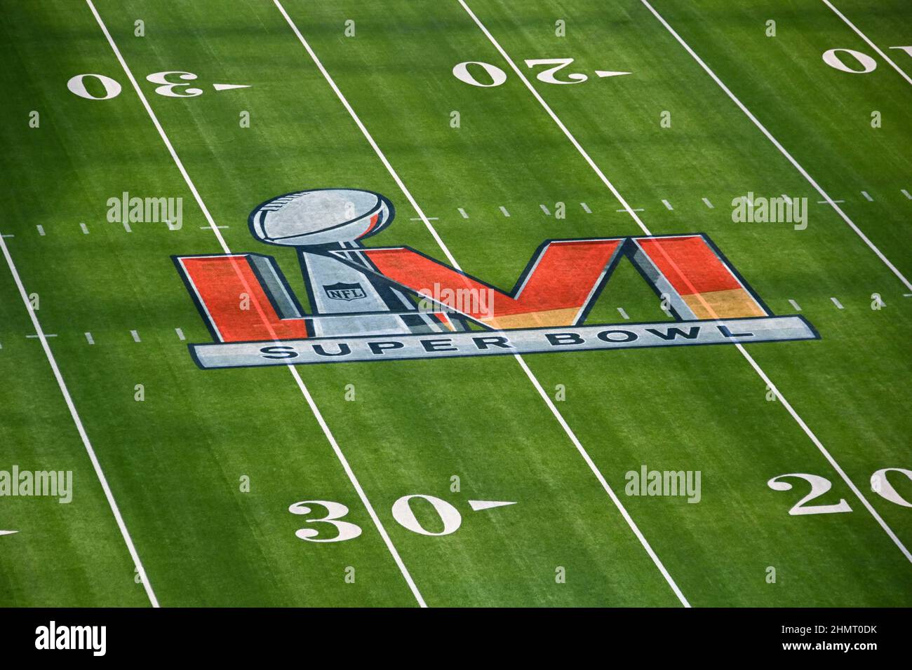 General overall view of the NFL and Super Bowl LVI logos on the field ...