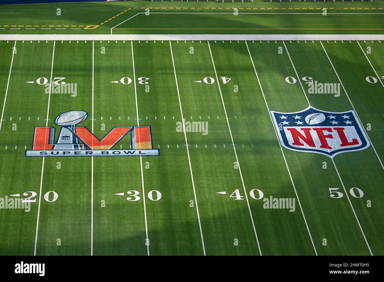 General overall view of the NFL and Super Bowl LVI logos on the field ...