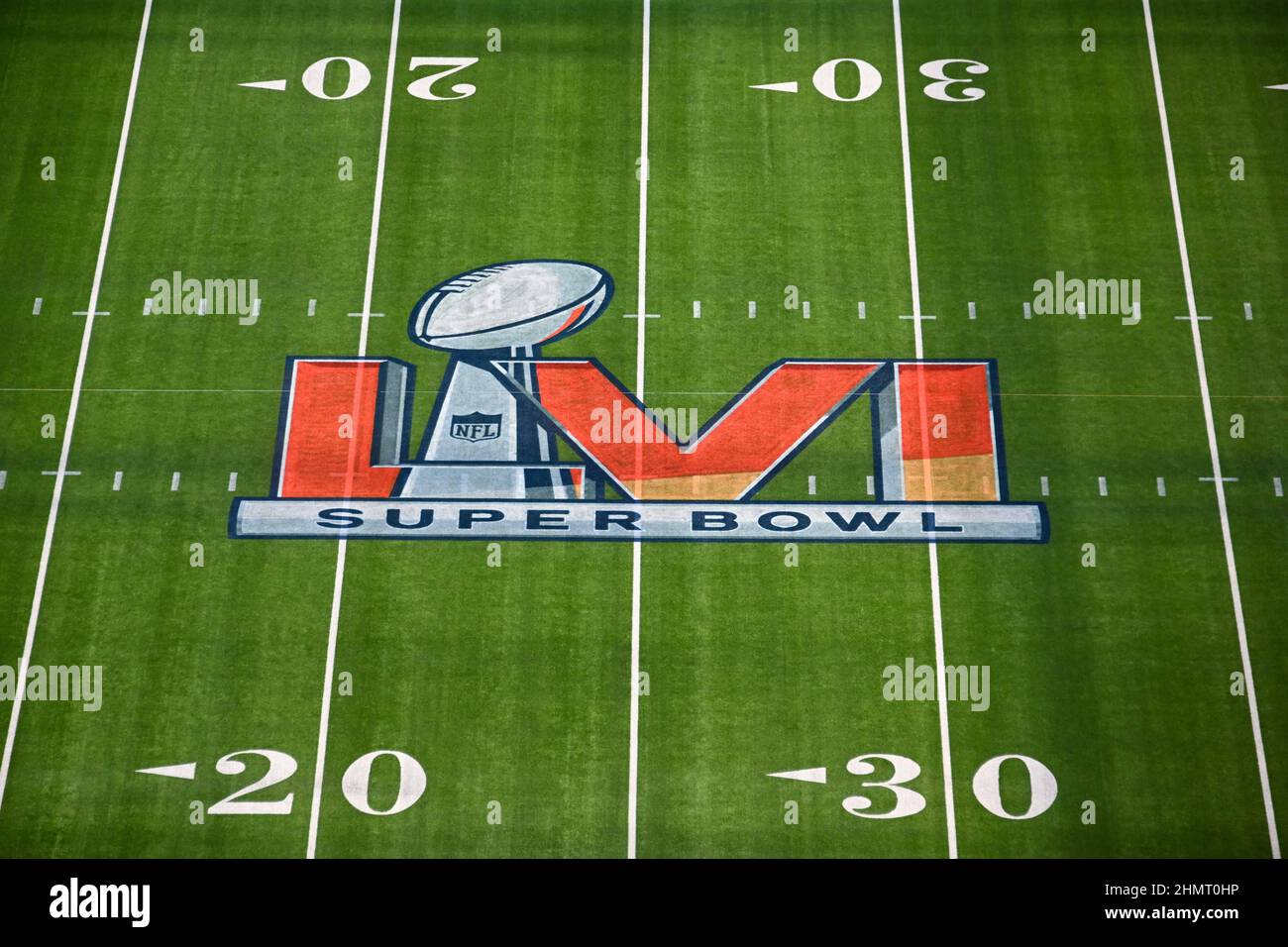 General overall view of the NFL and Super Bowl LVI logos on the field ...