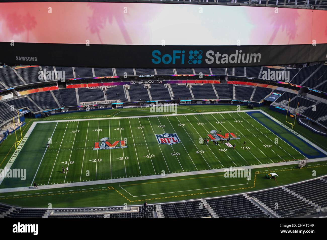General overall view of the NFL and Super Bowl LVI logos on the field ...