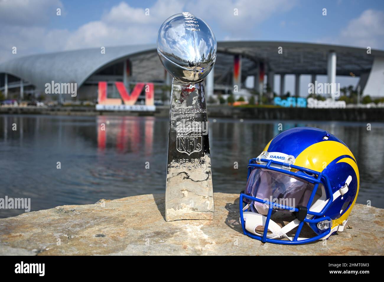 The Los Angeles Rams helmet is seen with the Vince Lombardi trophy on ...