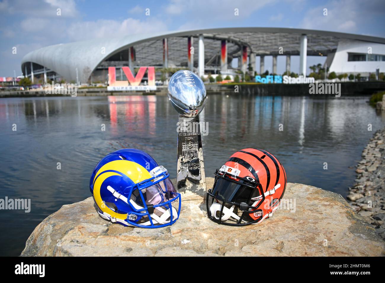 Los Angeles Rams and Cincinnati Bengals helmets are seen with the Vince ...