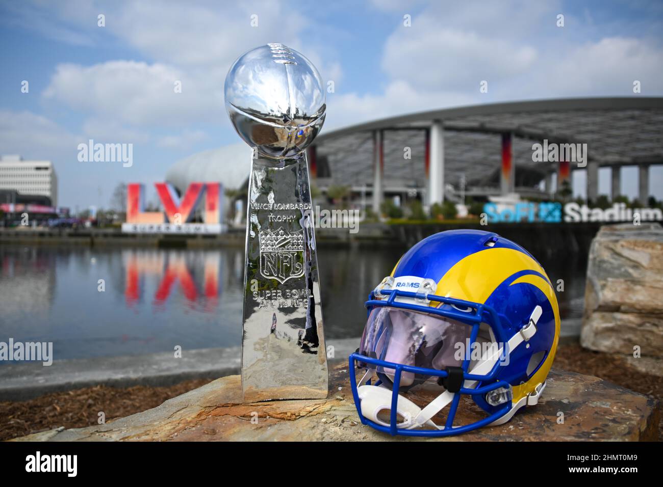 The Los Angeles Rams helmet is seen with the Vince Lombardi trophy ...