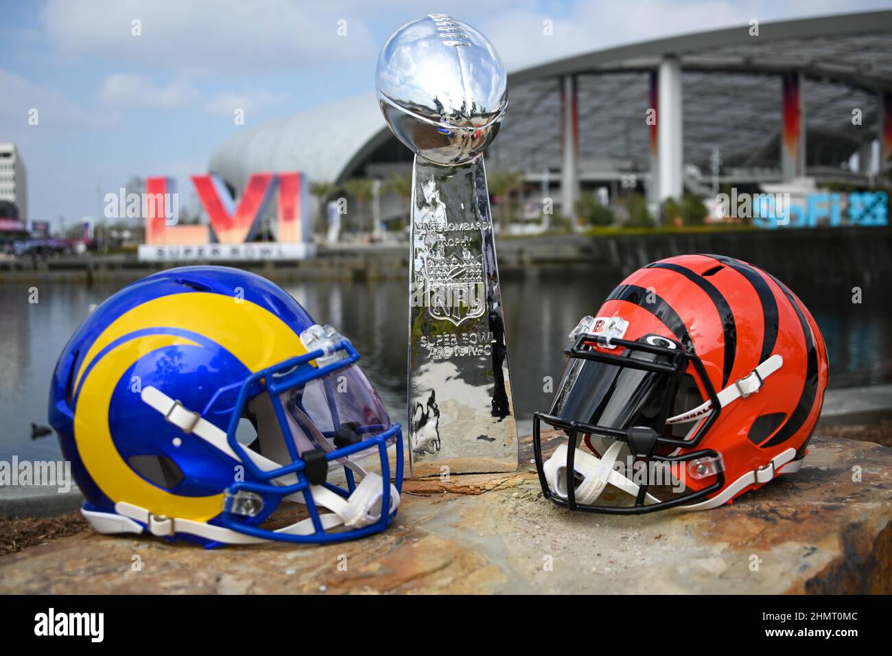 Los Angeles Rams and Cincinnati Bengals helmets are seen with the Vince ...