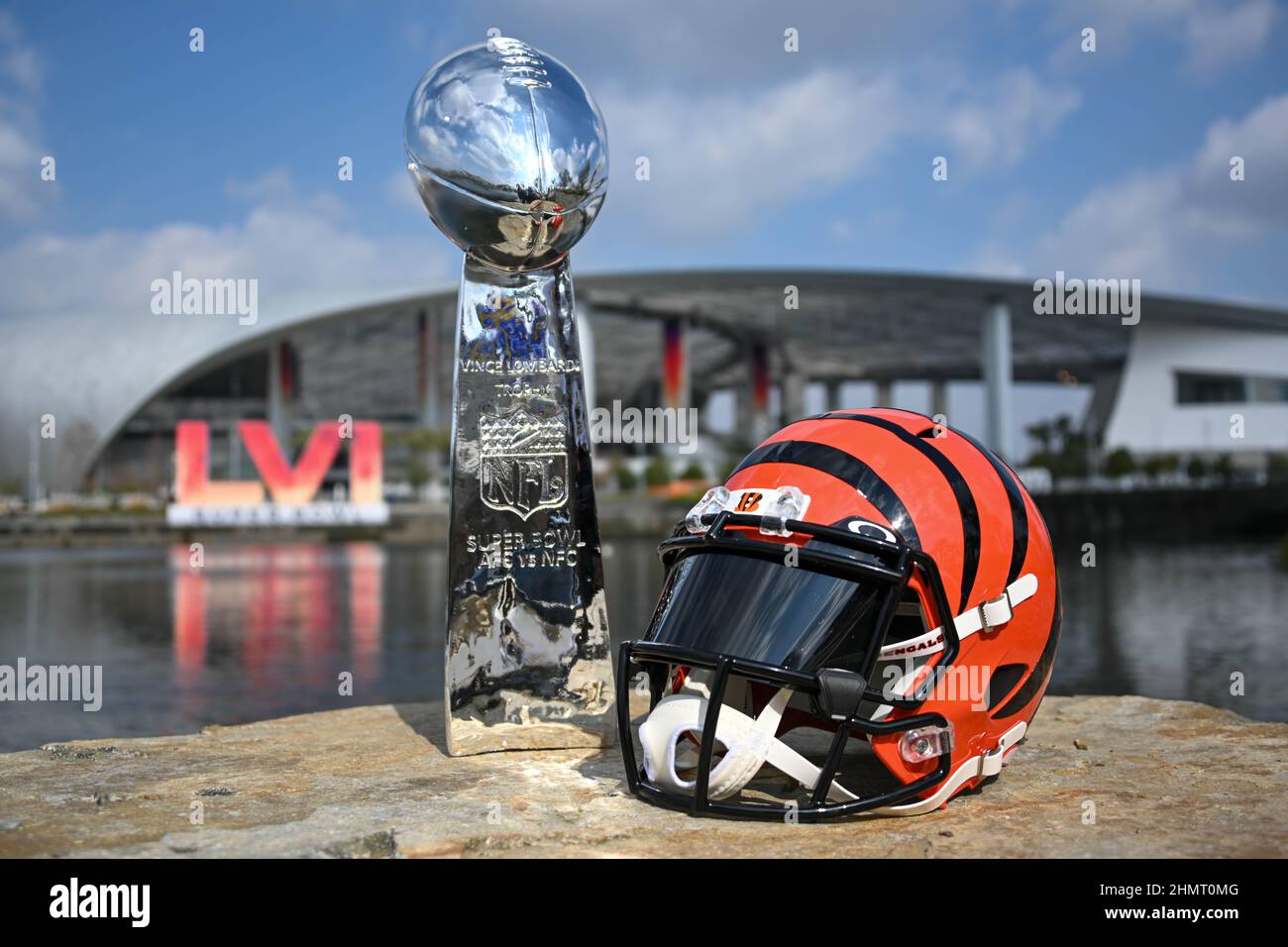 The Cincinnati Bengals helmet is seen with the Vince Lombardi trophy ...