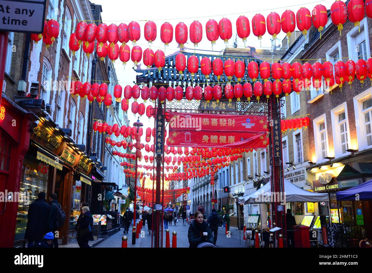 Red and gold Chinese lanterns decorate Gerrard Street, Chinatown district, central London ...