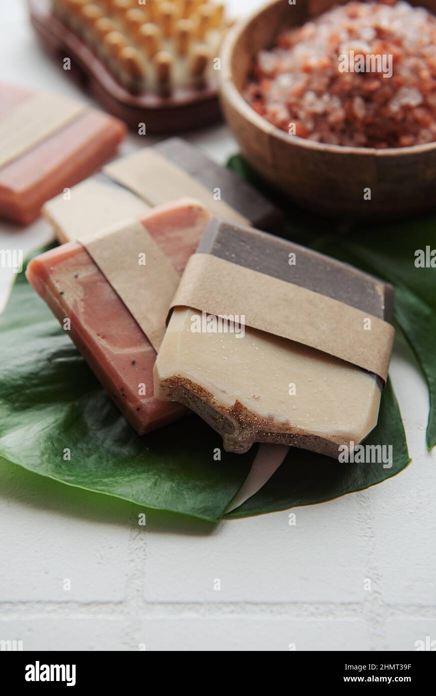 Assorted handmade soap bars and green leaves Stock Photo - Alamy