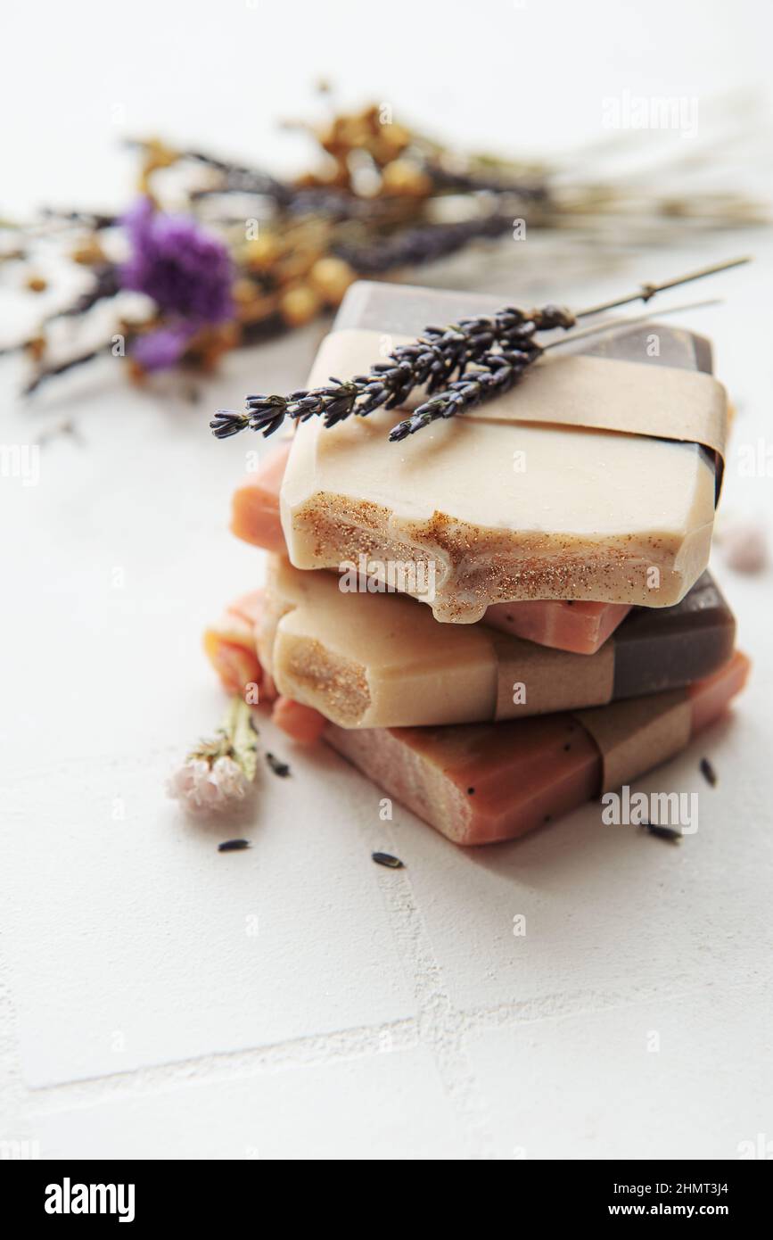 Natural handmade soap with dried flowers and lavender Stock Photo - Alamy