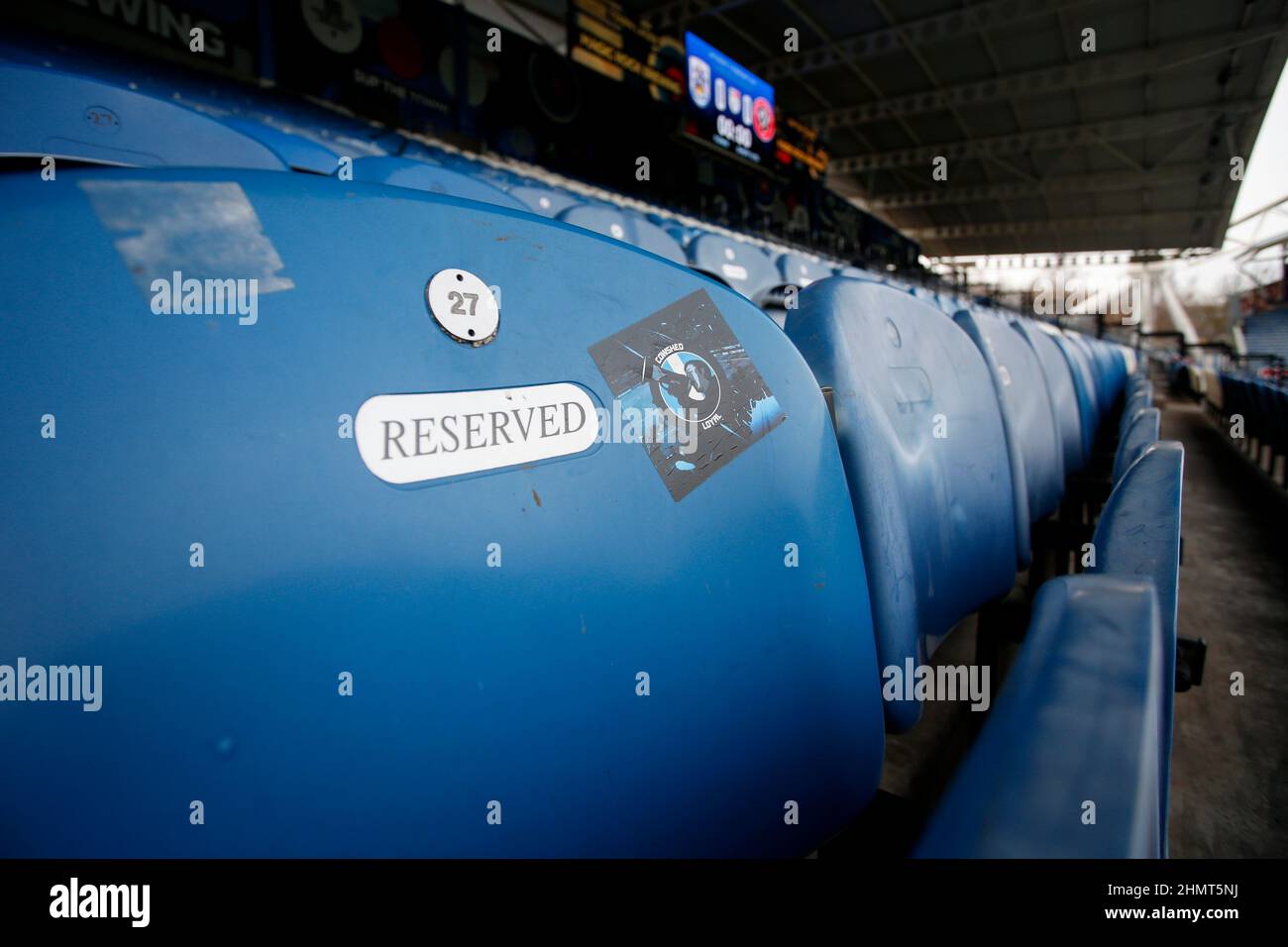 A Cowshed loyal sticker on the seats inside The John Smiths Stadium ...