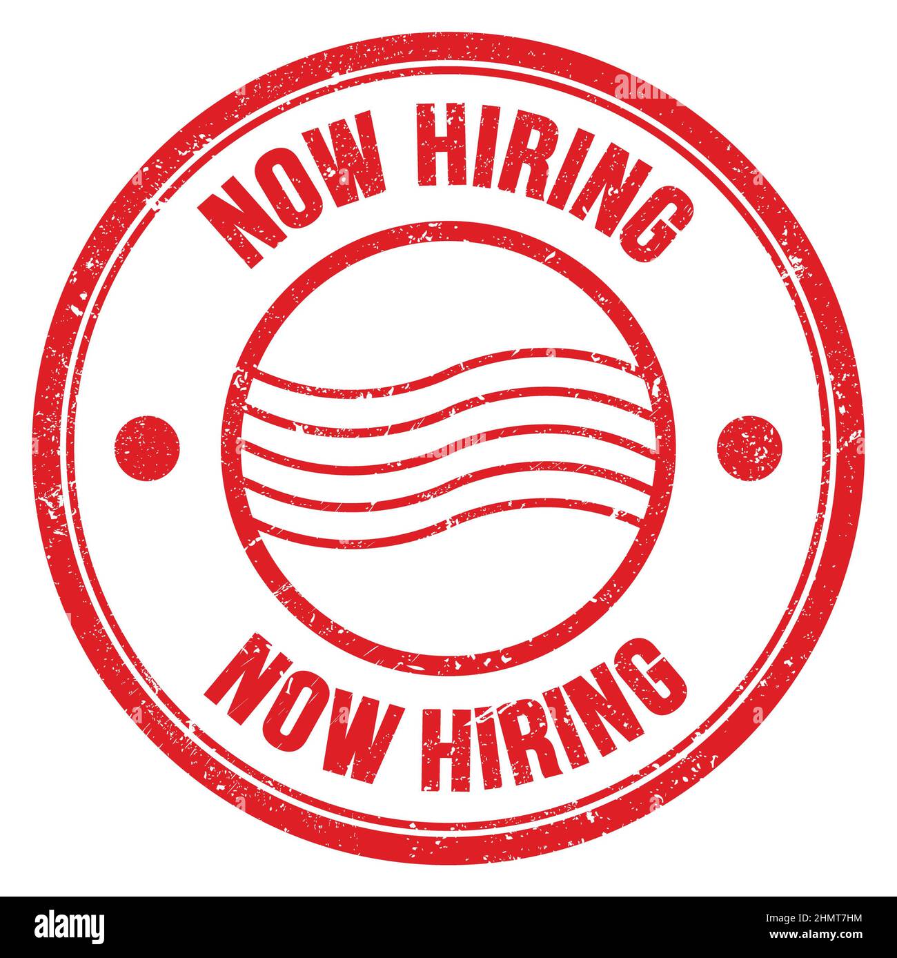 NOW HIRING word written on red round postal stamp sign Stock Photo - Alamy