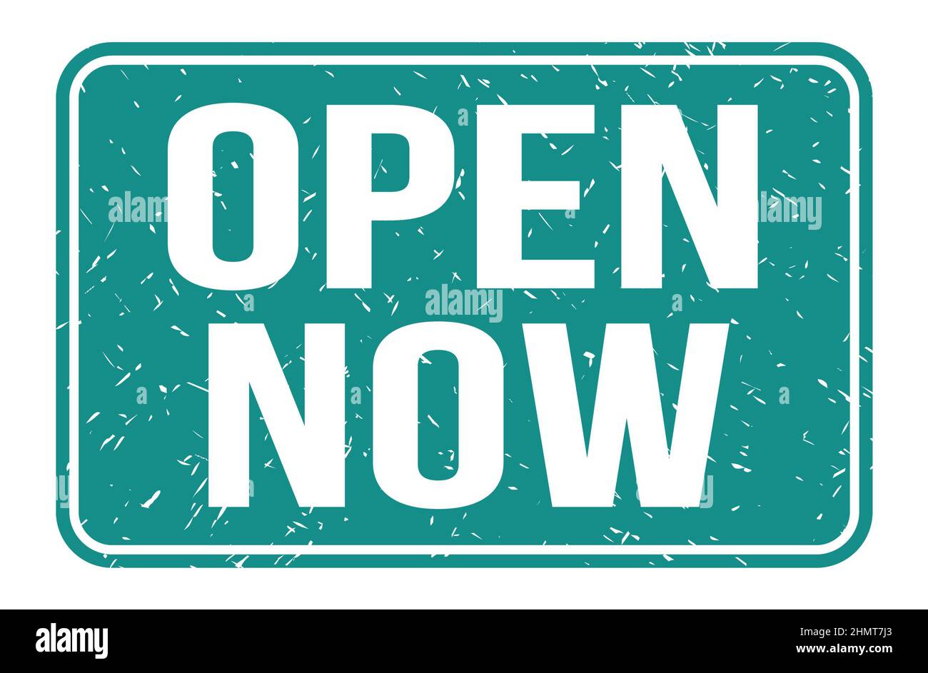 OPEN NOW, words written on blue rectangle stamp sign Stock Photo - Alamy