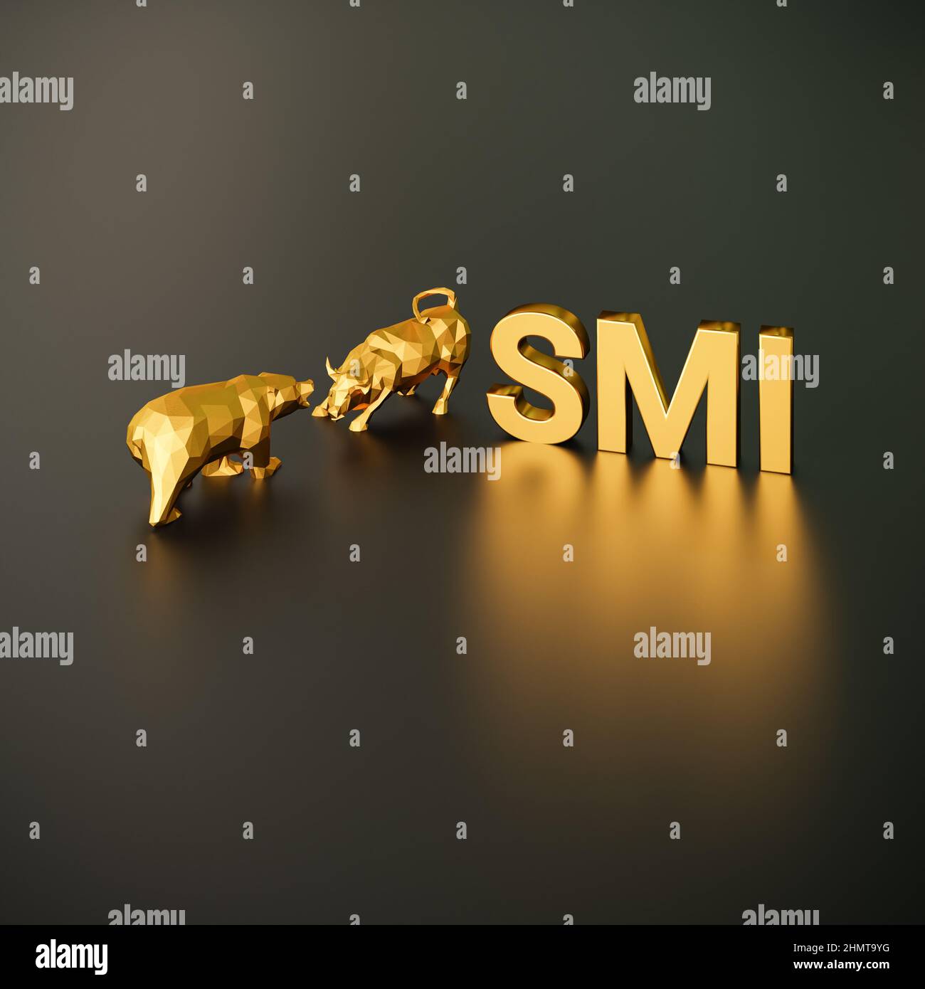 SMI stock index concept. A bull and bear besides the golden text SMI ...
