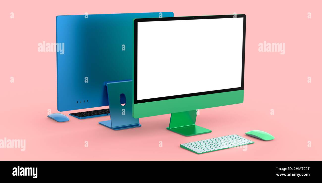 Desktop computer screen display with keyboard and mouse isolated on blue background. 3D ...