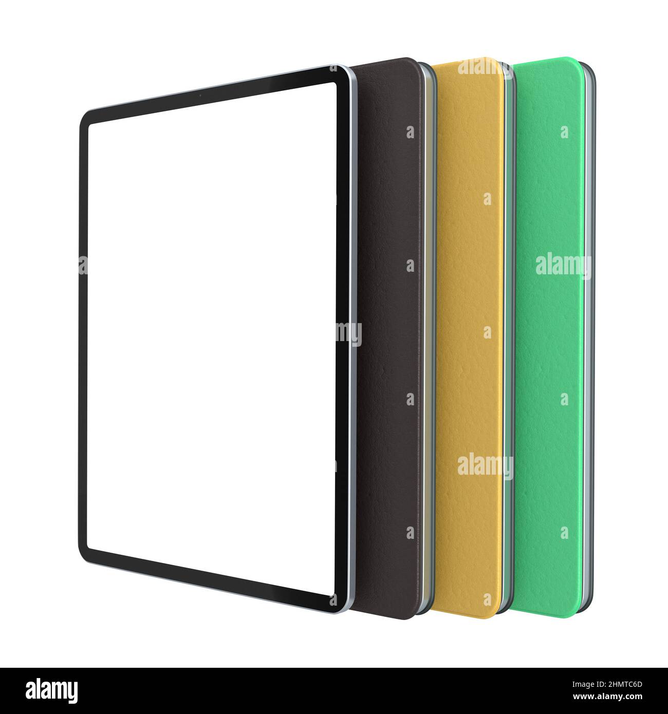 Set of computer tablets with cover case and blank screen isolated on ...