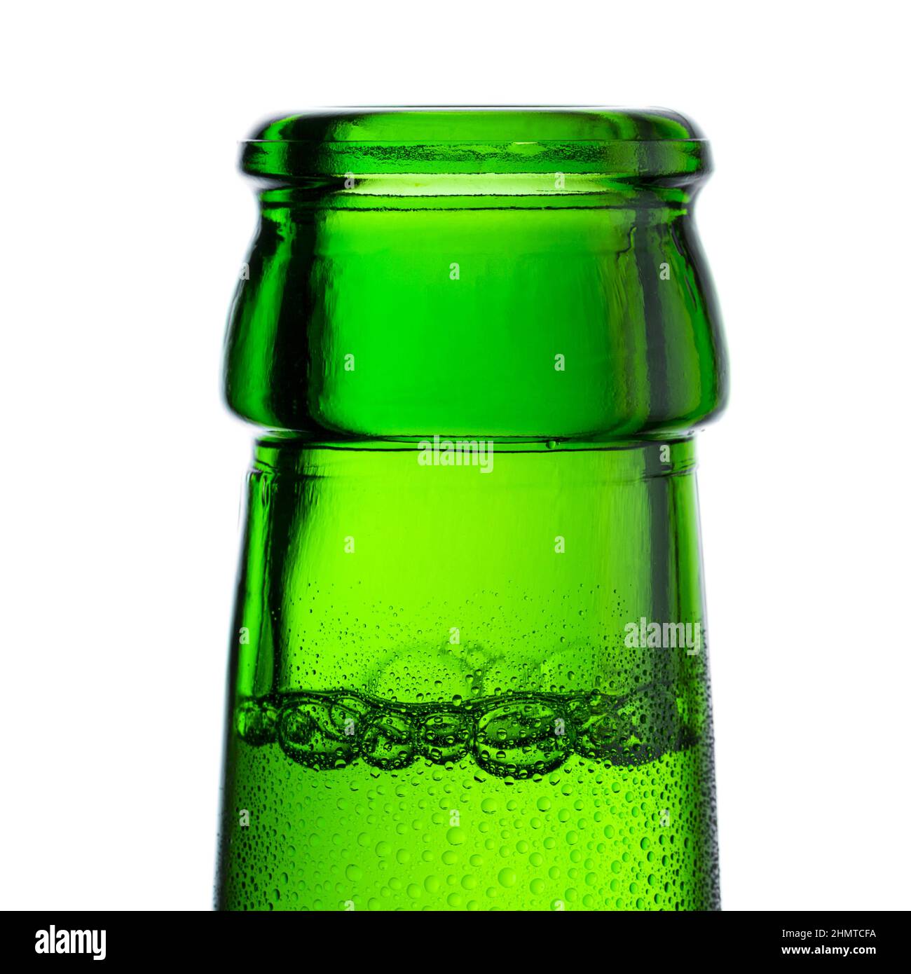 Beer bottleneck with bubbles and drops of condensation dew alcohol ...