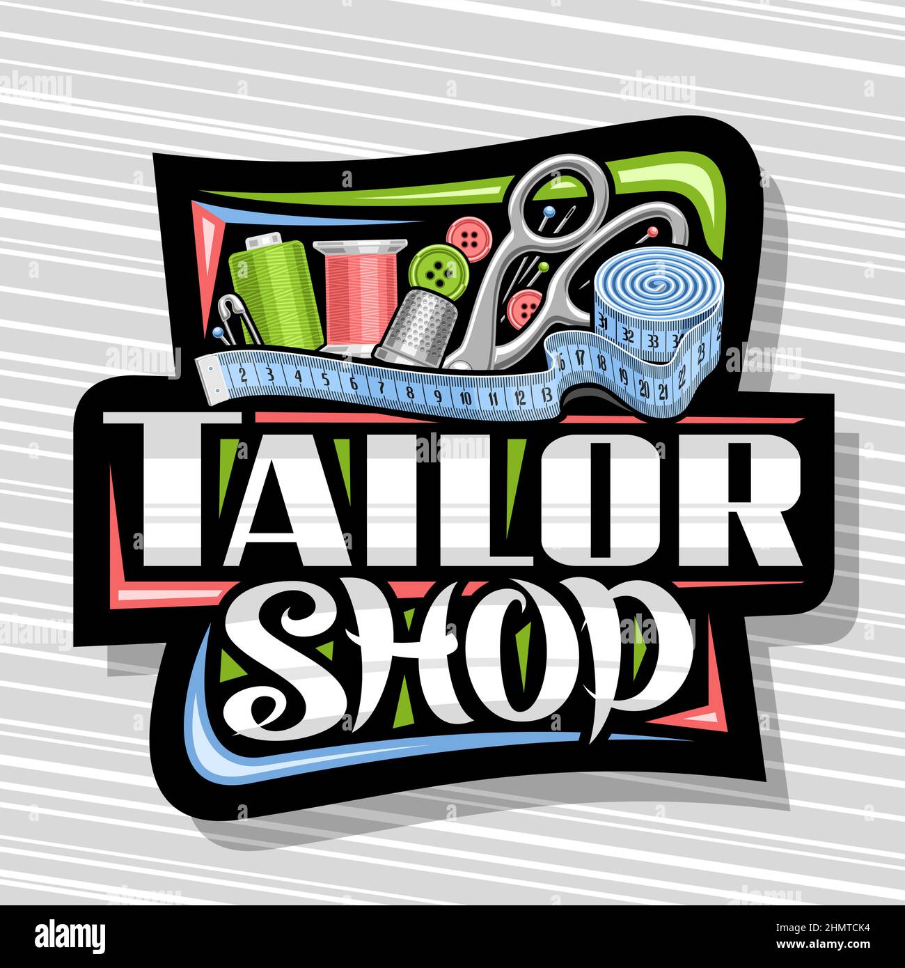 Vector logo for Tailor Shop, black decorative sign with set of sewing ...