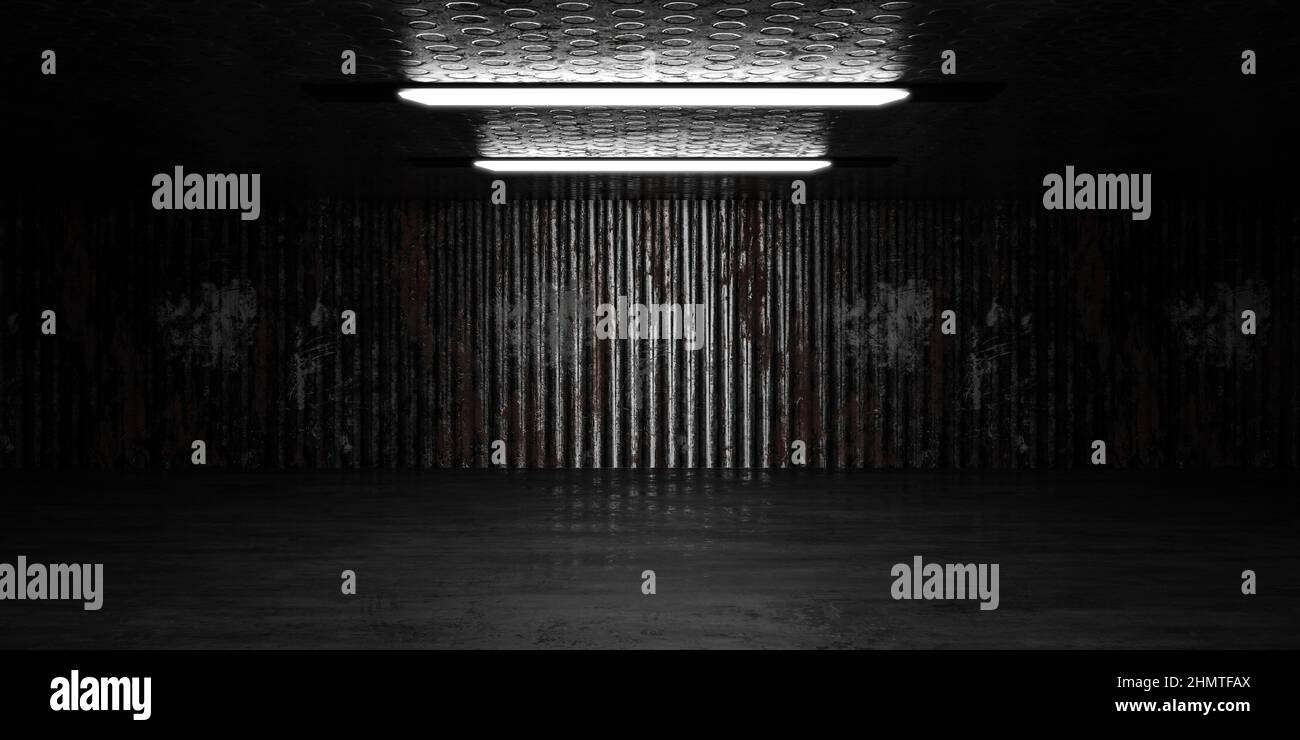 industrial steel shed hall basement with worn rusty metal and concrete ...