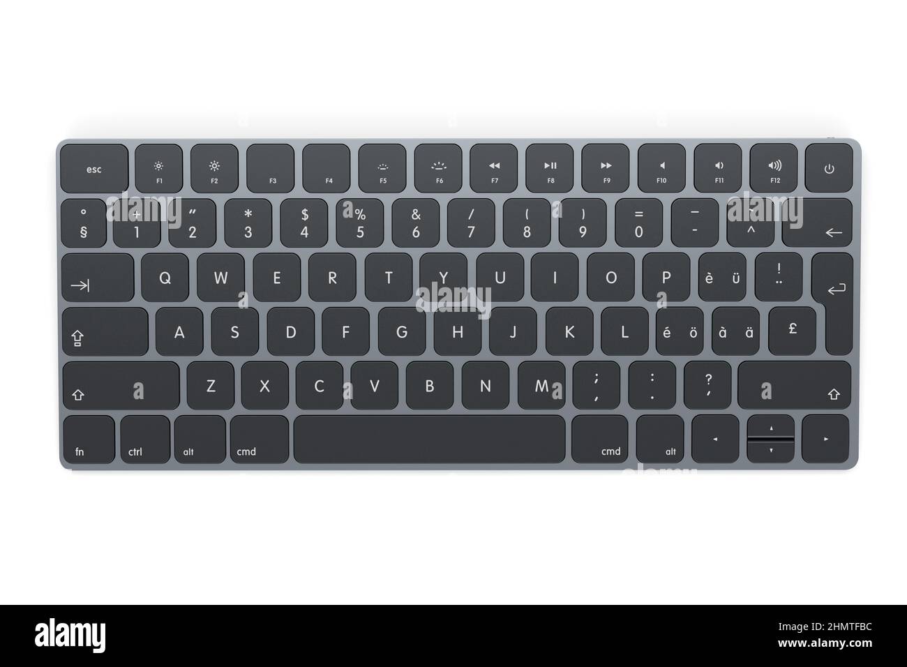 Modern dark aluminum computer keyboard isolated on white background. 3D ...