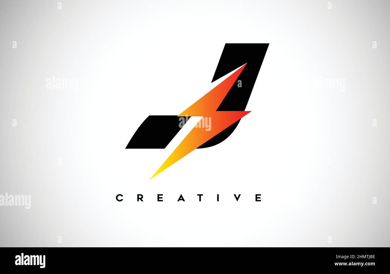 Letter J Thunderbolt Logo Concept with Black Letter and Orange Yellow ...