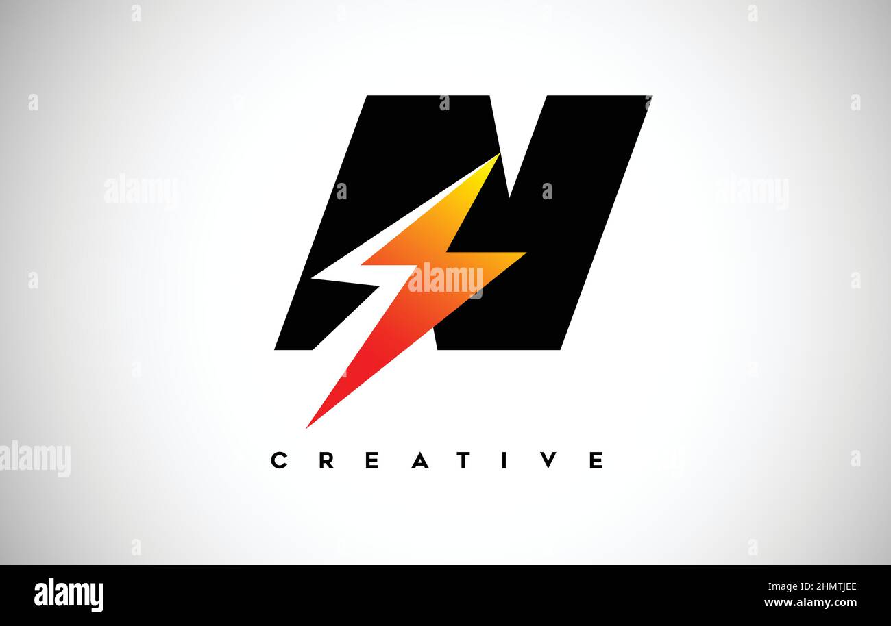 Letter N Thunderbolt Logo Concept with Black Letter and Orange Yellow ...