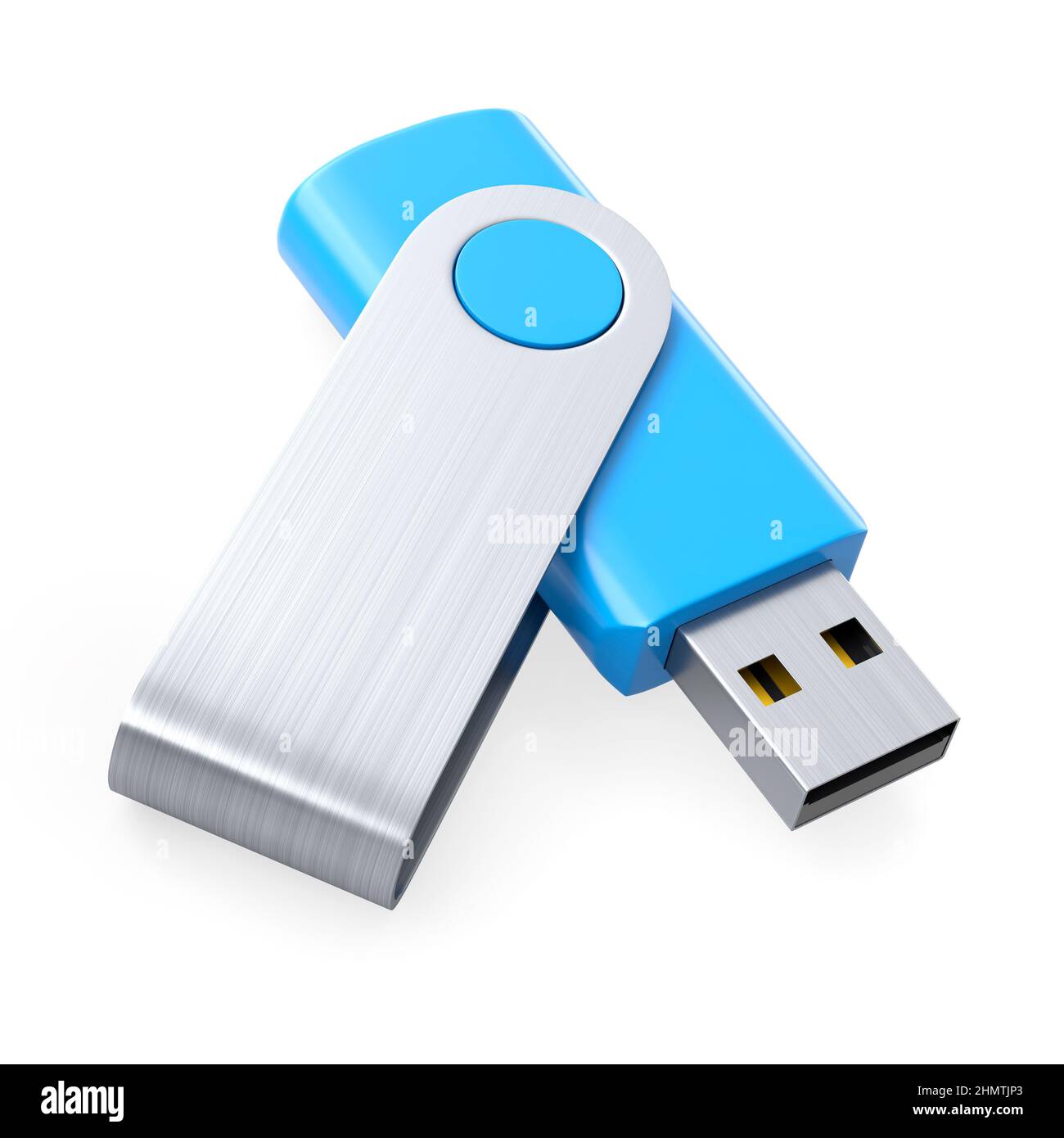 Portable blue USB flash drive stick isolated on white background. 3D ...