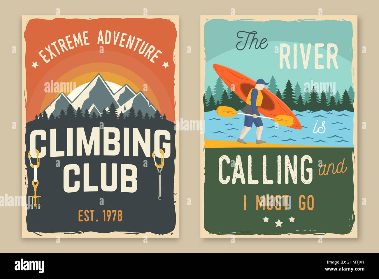 Set of climbing and kayaking retro posters. Vector. Vintage typography ...