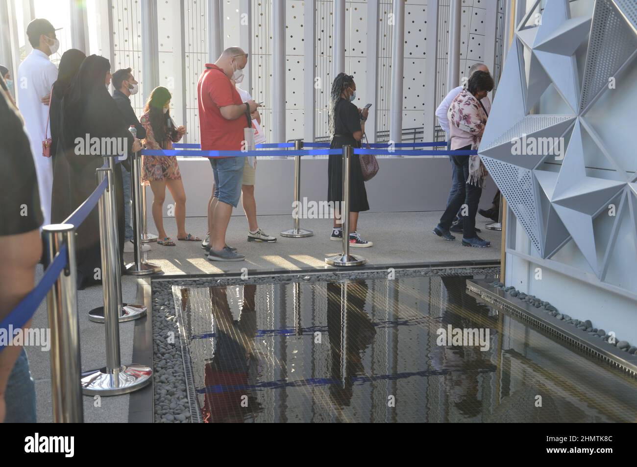 Expo visitors standing in queue in front of The US Pavilion at Expo ...