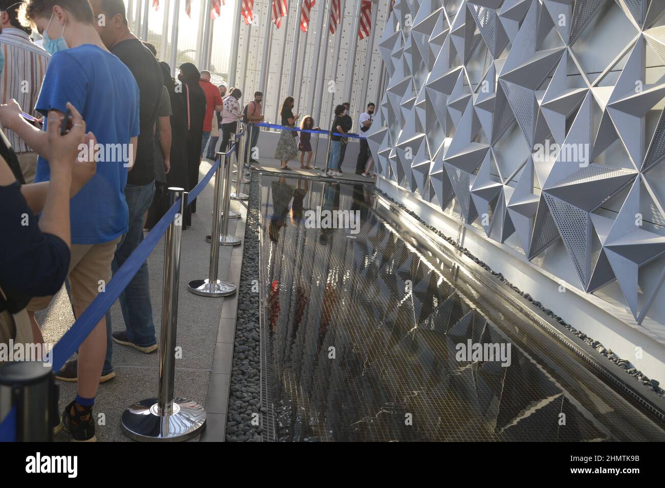 Expo visitors standing in queue in front of The US Pavilion at Expo ...